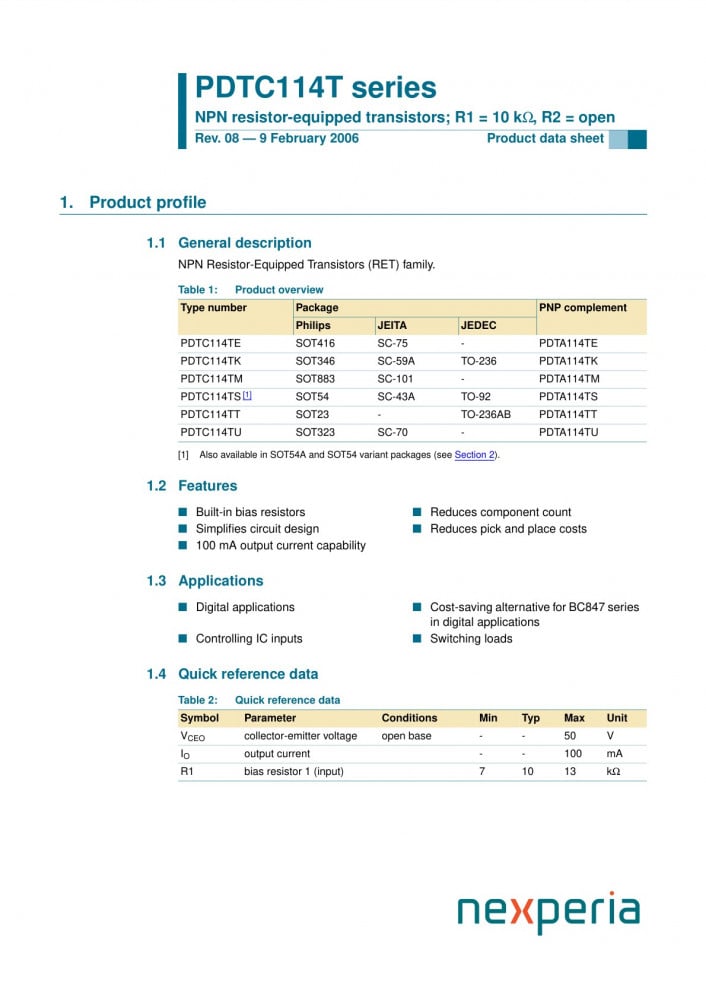 PDTC114TT datasheet page 1