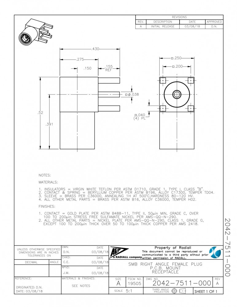 Technical drawing preview for Radiall 2042-7511-000 SMB right-angle female PCB-mount receptacle