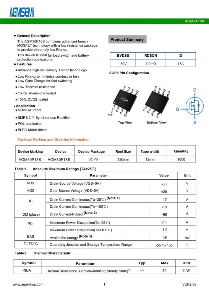 AGM30P18S datasheet page 1
