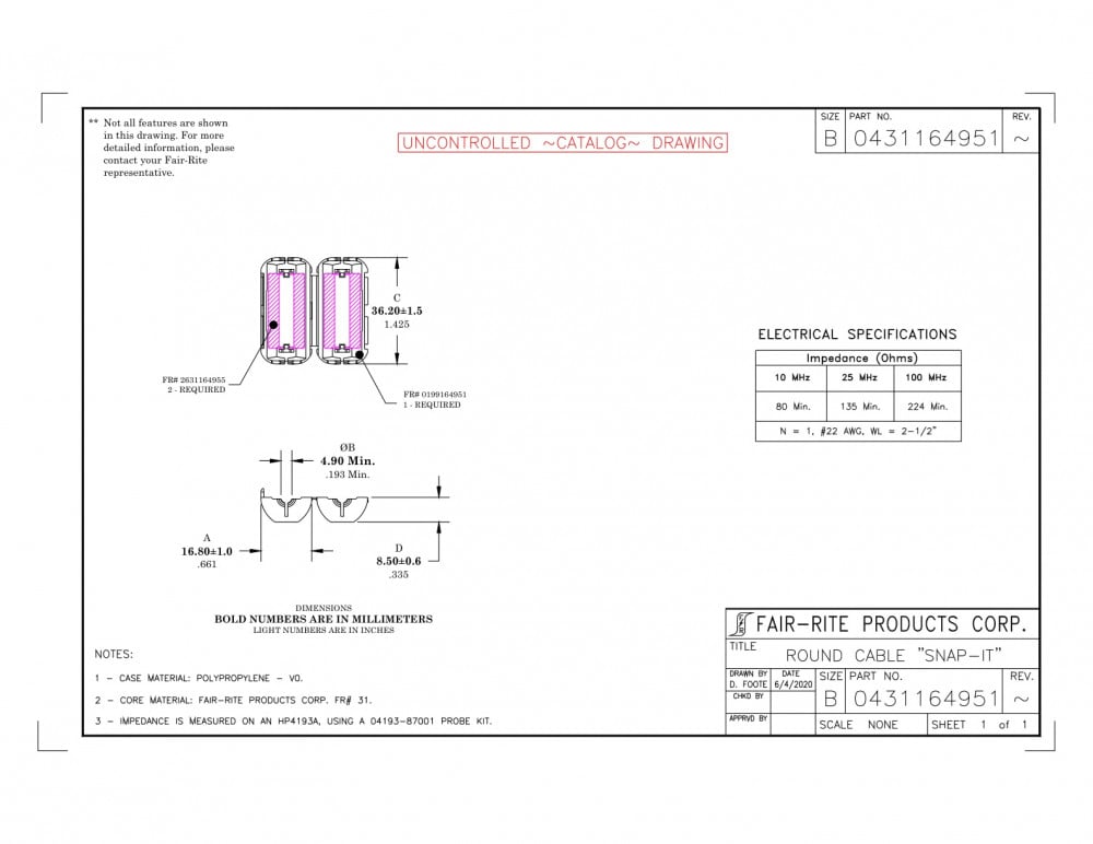 Fair-Rite 0431164951 technical drawing
