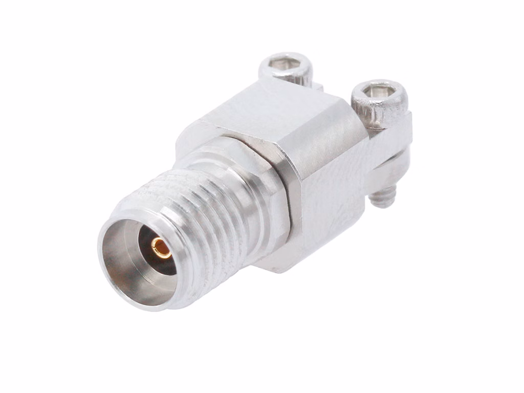 Precision Test Connector, 2.92mm PCB Jack Receptacle, 2-Hole Flange Mount, Solderless Compression Contact, with Slot for Microstrip, without Screws, 50 Ohms