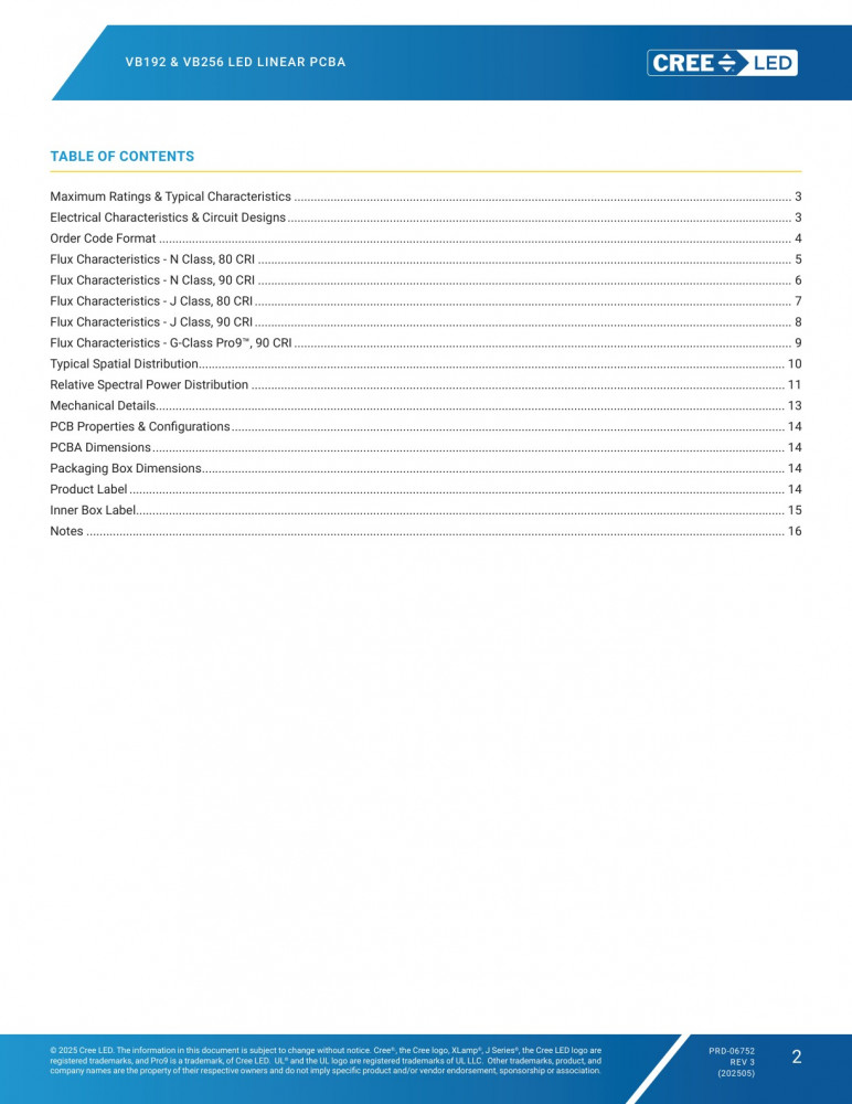 Cree LED VB192 and VB256 LED Linear PCBAs datasheet, page 2