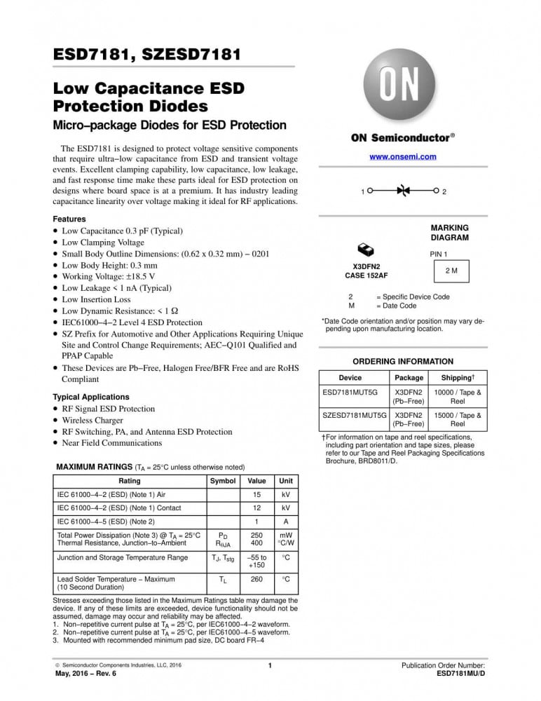 ESD7181MUT5G datasheet page 1