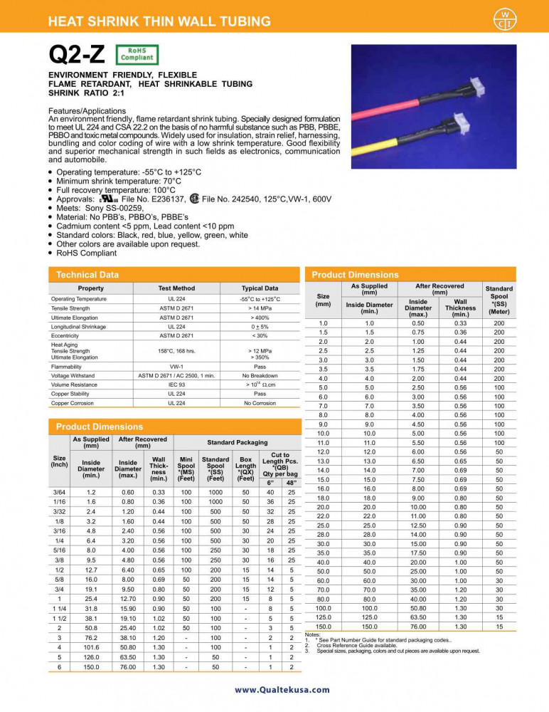 LEA NETWORKS Q2-Z flame-retardant heat-shrink tubing product document