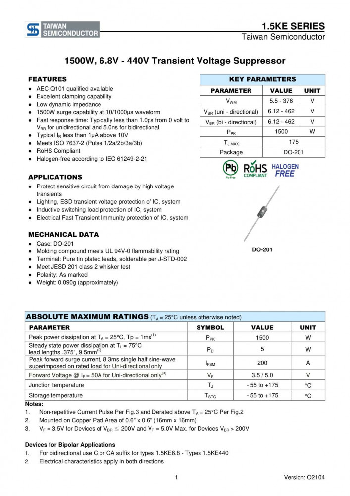 Taiwan Semiconductor 1.5KE series datasheet, page 1