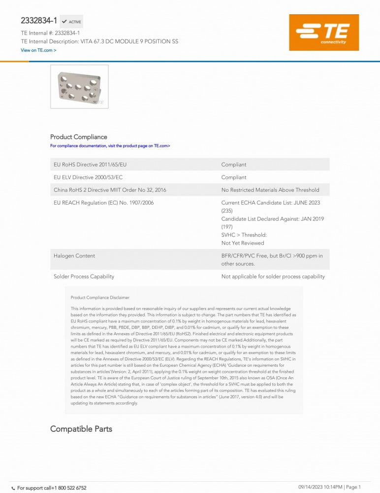 TE Connectivity 2332834-1 technical document page 1
