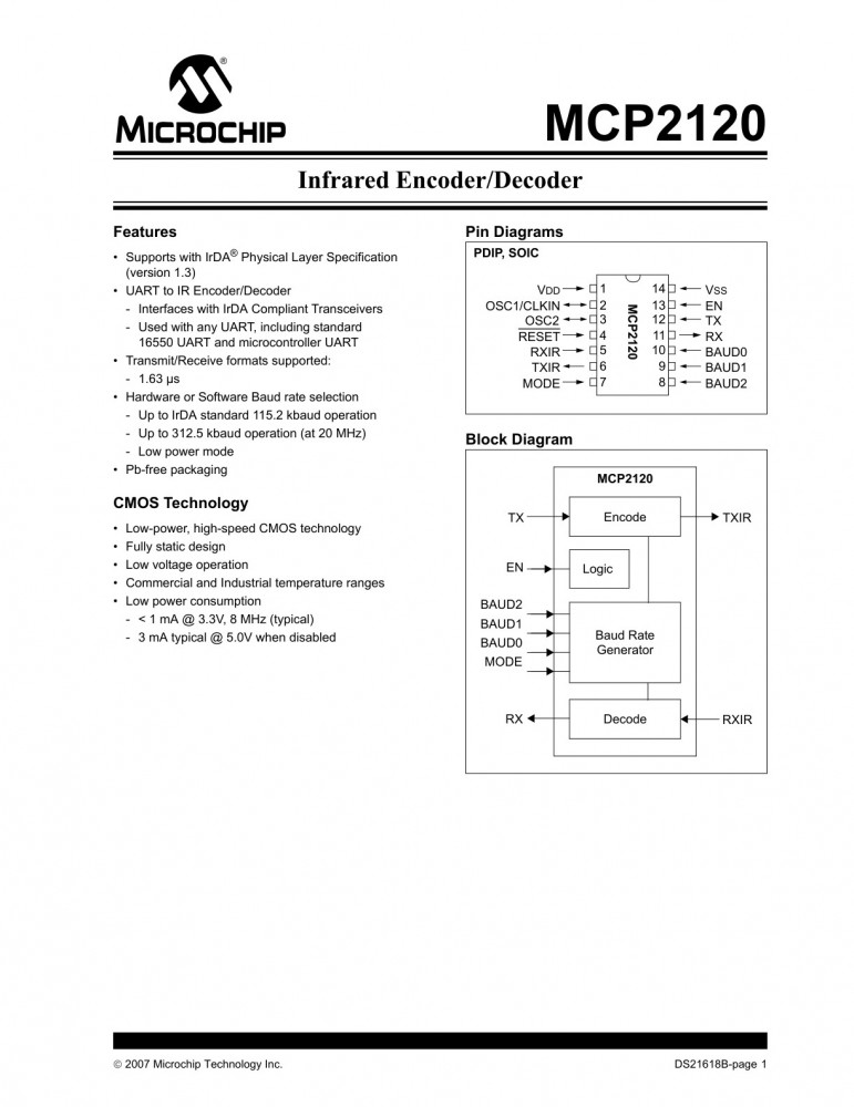 MCP2120 datasheet page 1
