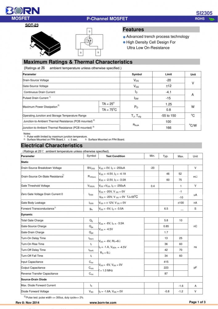 SI2305 datasheet page 1