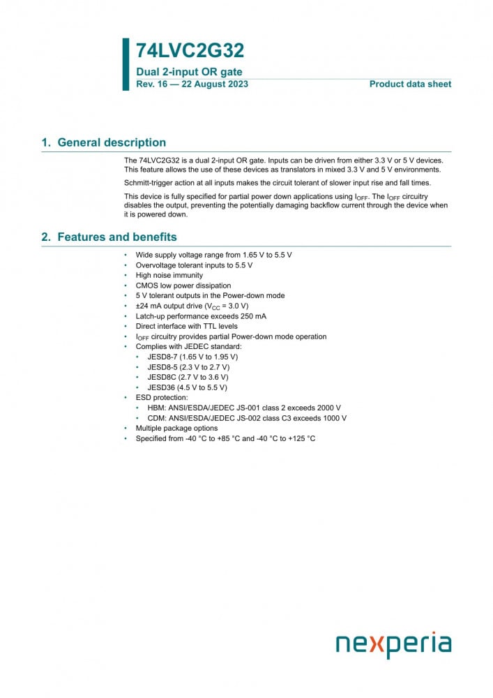 74LVC2G32DC datasheet page 1