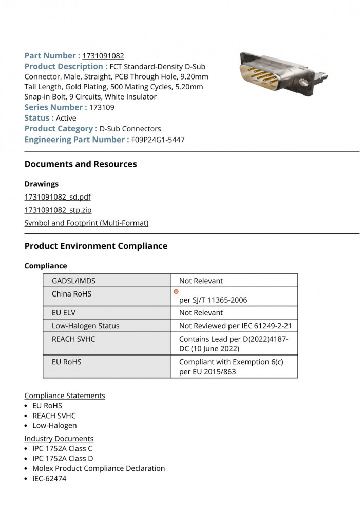 MOLEX 1731091082 technical document preview, page 1