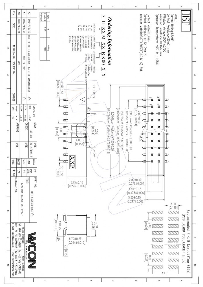 Wcon 3111 series 2.00 mm SMT box header drawing preview