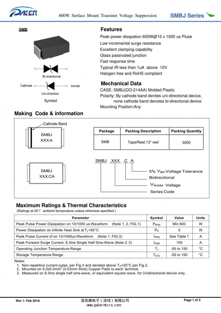 PAKER SMBJ series datasheet page 1