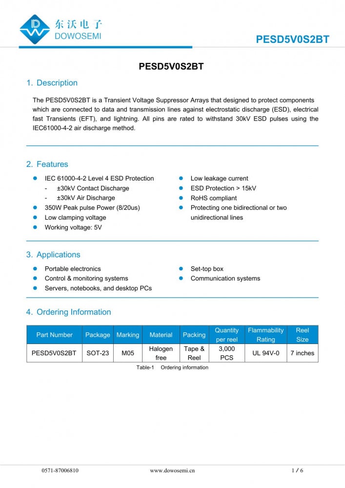 PESD5V0S2BT datasheet page 1