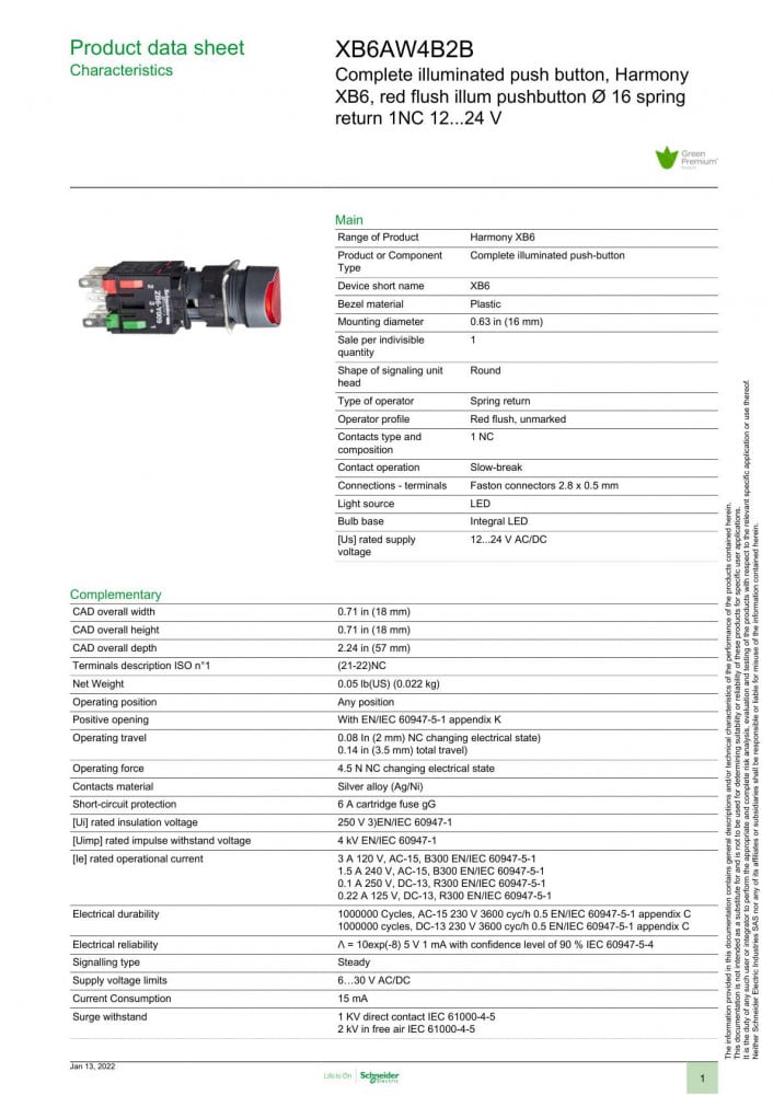 XB6AW4B2B technical document page 1