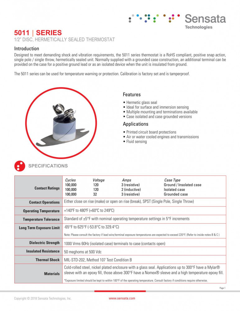 Sensata 5011 Series datasheet page 1