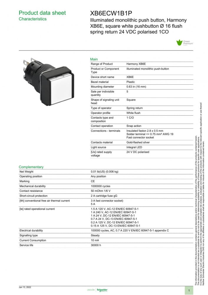XB6ECW1B1P technical document page 1