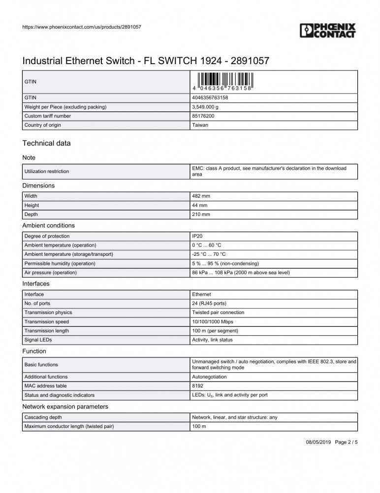 FL SWITCH 1924 product documentation page 2