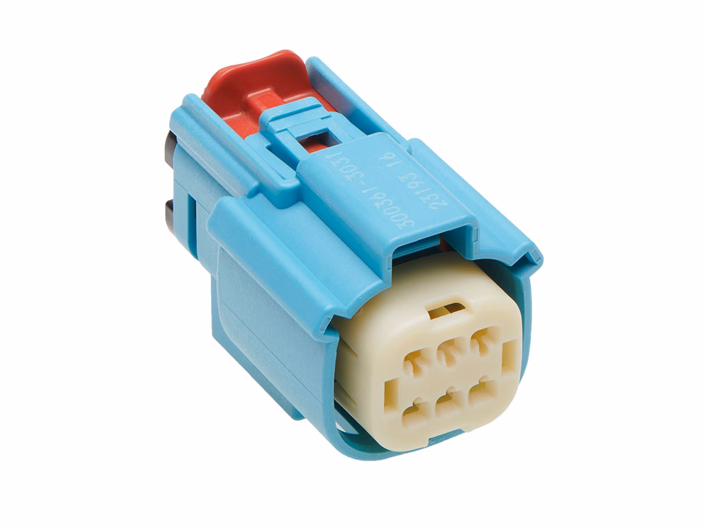 MX150 Mid-Voltage Mat-Sealed Female Connector Assembly, Dual Row, 6 Circuits, 48V, Keying Option A, with Connector Position Assurance, with Clip-Slot, Light Blue for sale