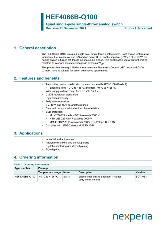 HEF4066BT-Q100J datasheet page 1