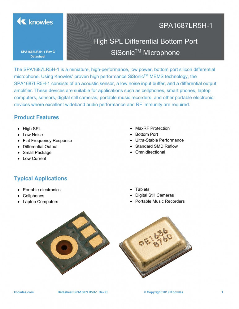 Knowles microphone datasheet page 1