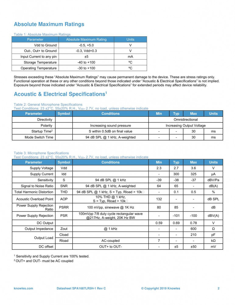 Knowles microphone datasheet page 2