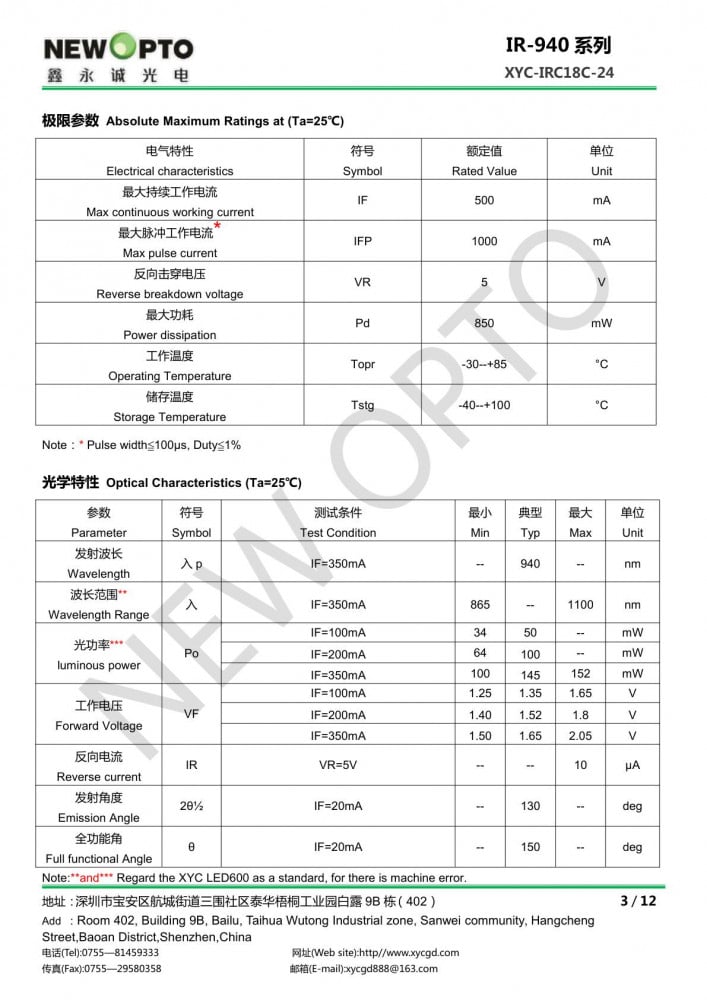 XYC-IRC18C-24 datasheet page 3