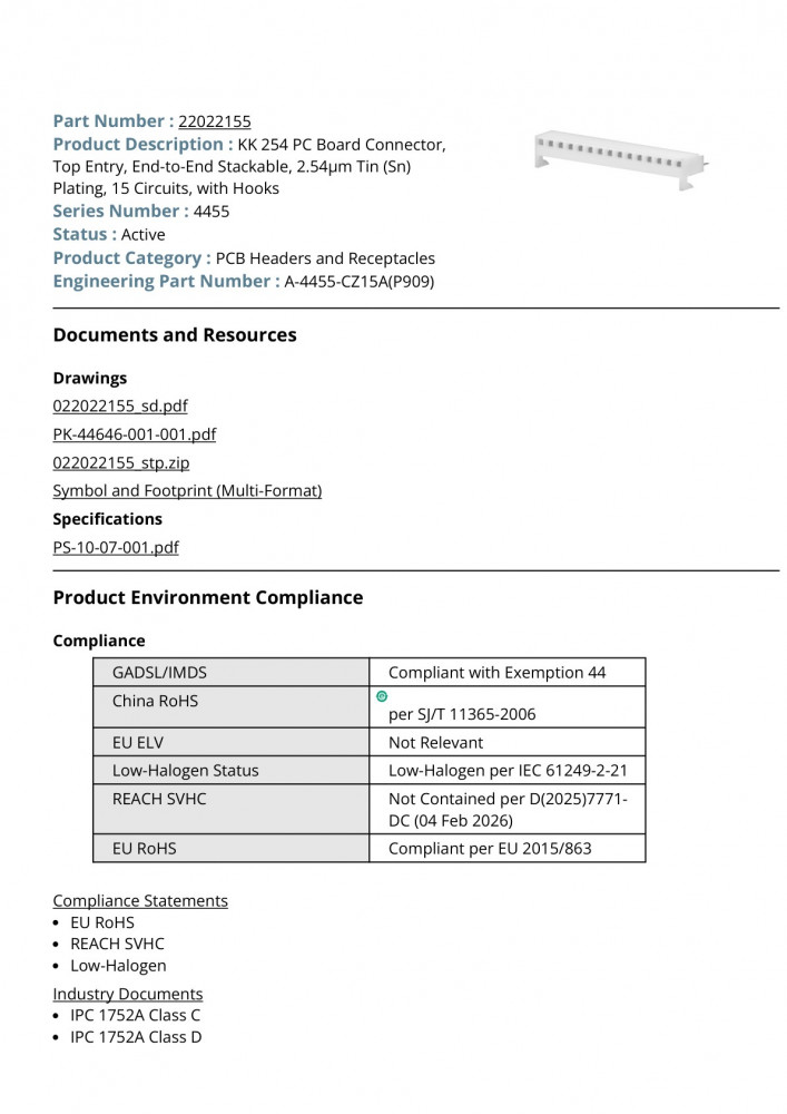 MOLEX 22022155 technical document preview, page 1
