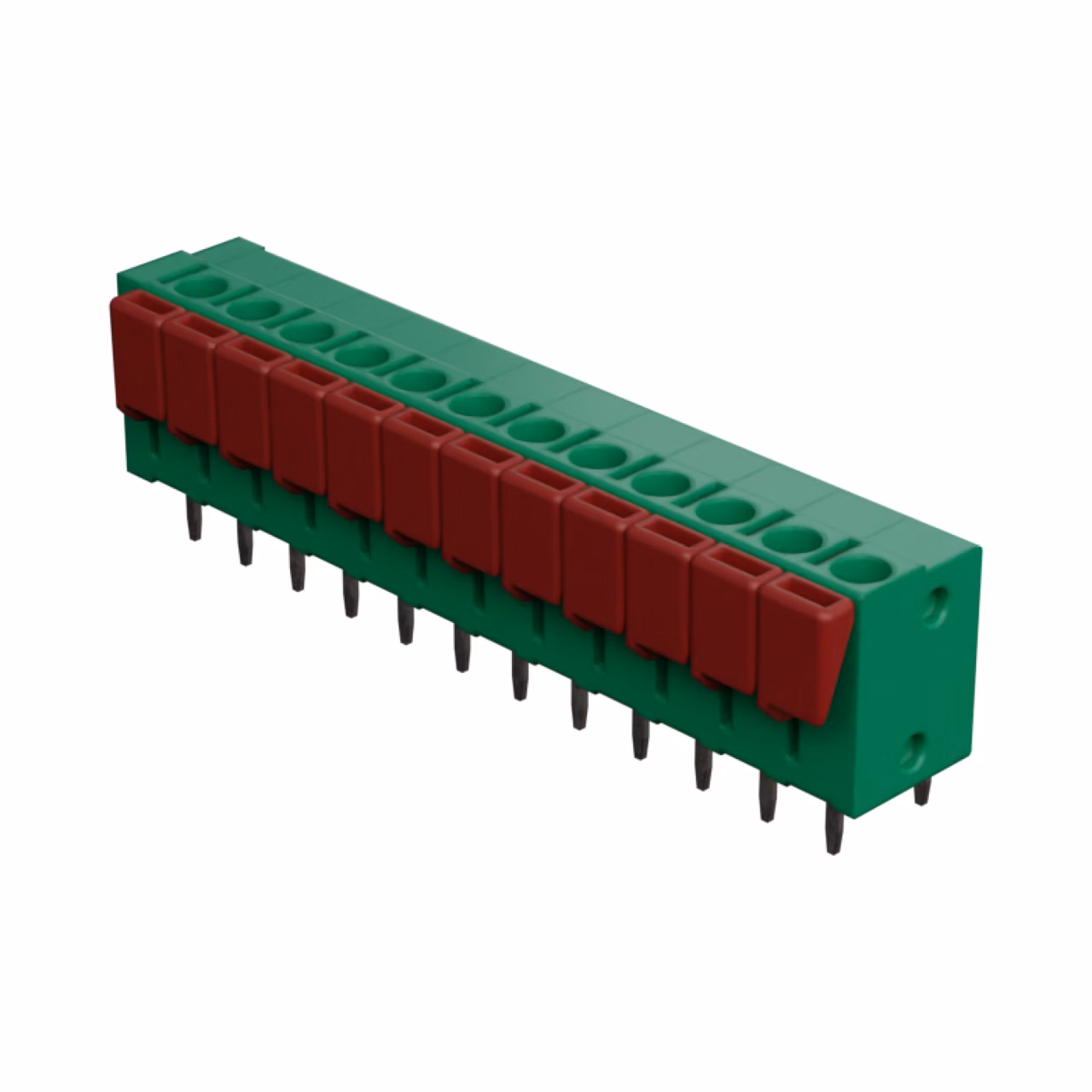 5.00mm Pitch, Eurostyle Fixed-Mount Push-Button Terminal Block, Vertical, 10A, 22-14 AWG, Green, 12 Circuits for sale