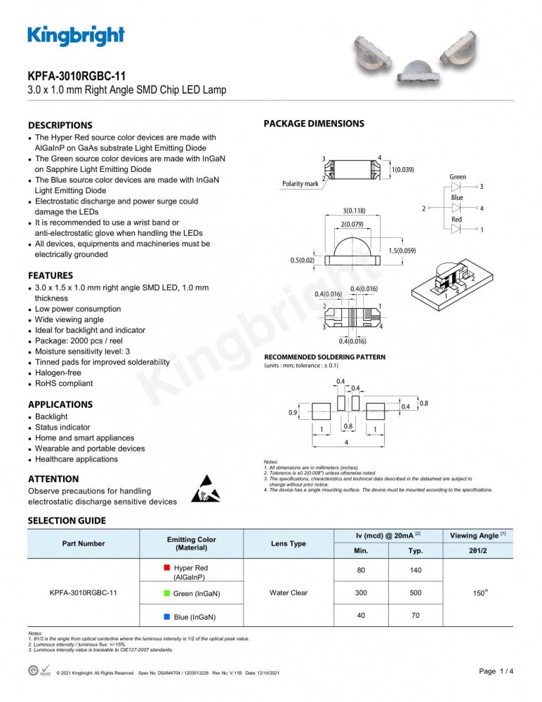 KPFA-3010RGBC-11 datasheet page 1
