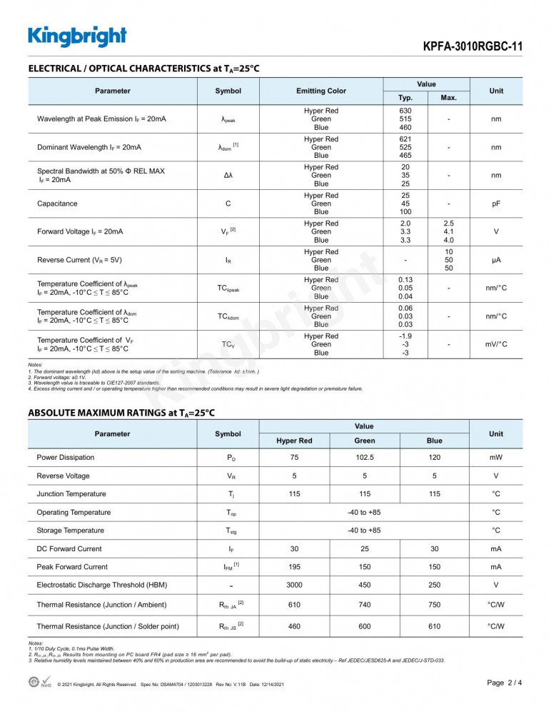 KPFA-3010RGBC-11 datasheet page 2