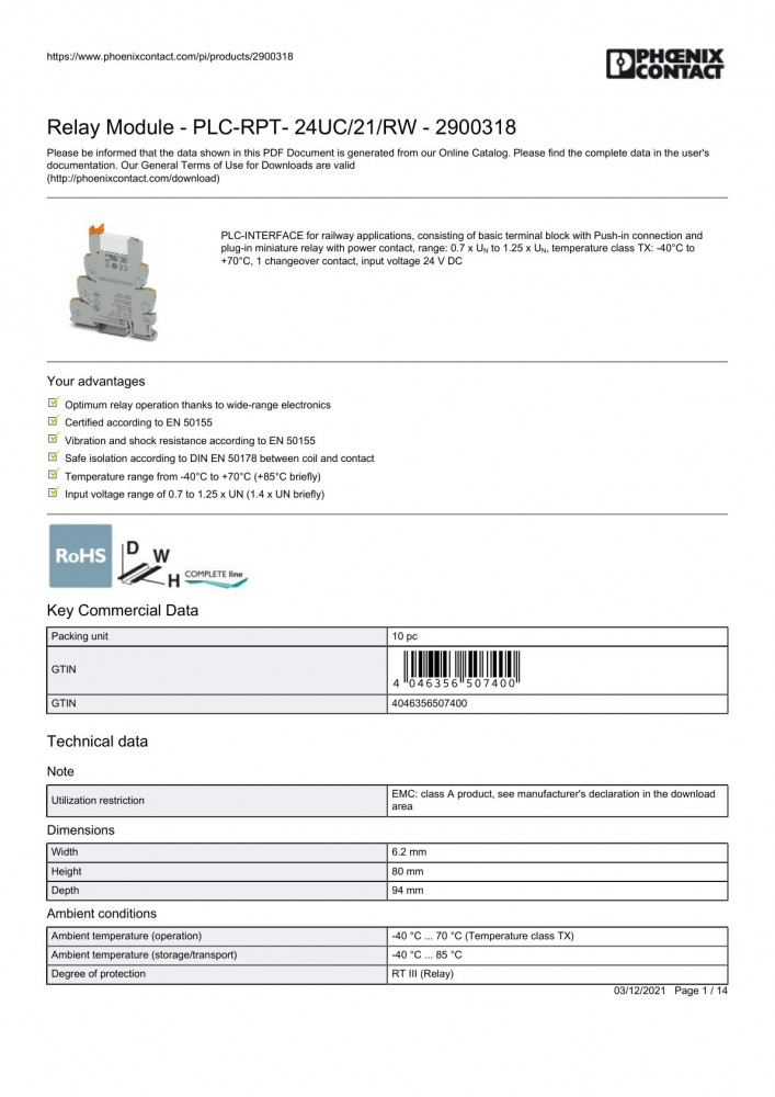Phoenix Contact 2900318 document page 1