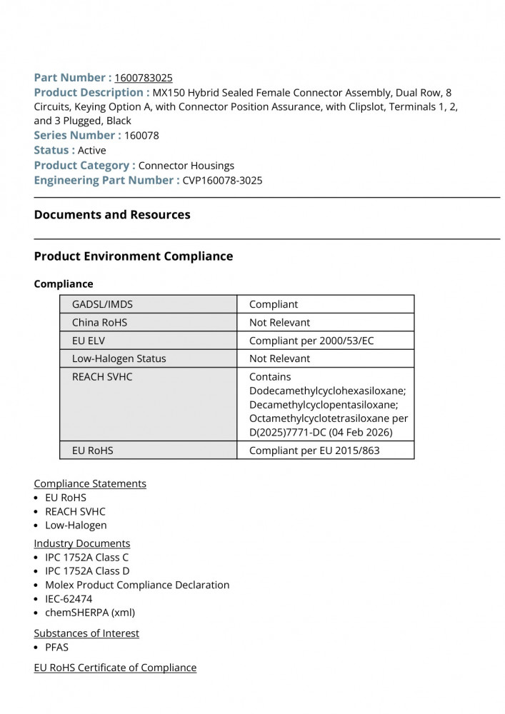 Technical document image 1 for MOLEX 1600783025