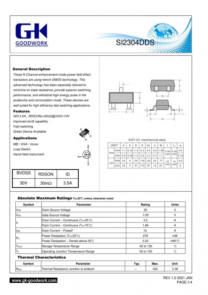 SI2304DDS datasheet page 1