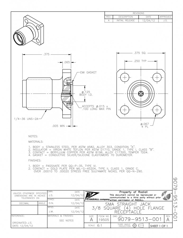 Radiall 9079-9513-001 SMA straight jack four-hole flange receptacle drawing