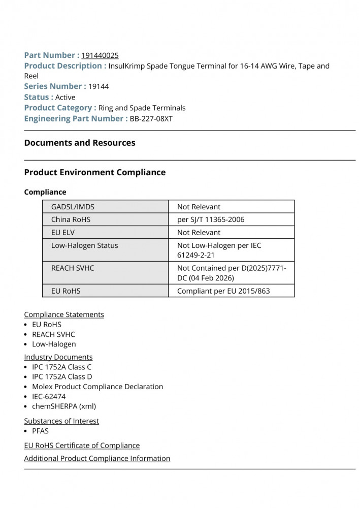 MOLEX 191440025 document image, page 1