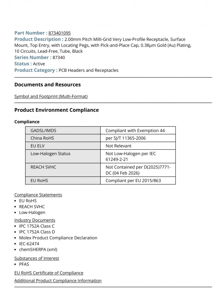 Technical document page 1 for MOLEX 873401095