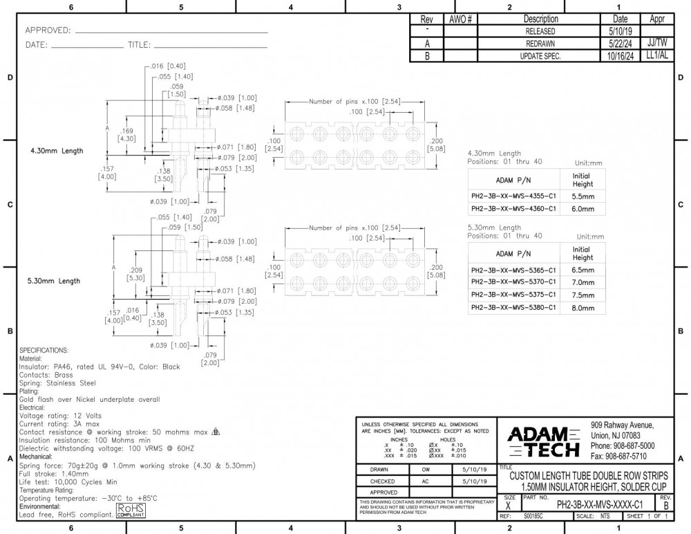 ADAM TECH PH2-3B-MVS double-row solder-cup strip drawing