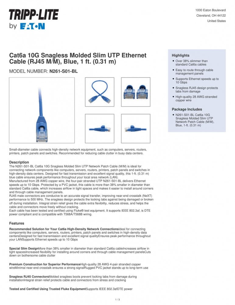 N261-S01-BL technical document page 1