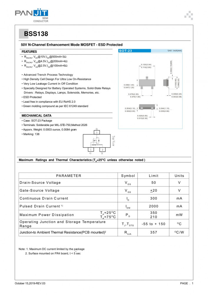 PANJIT BSS138 datasheet page 1