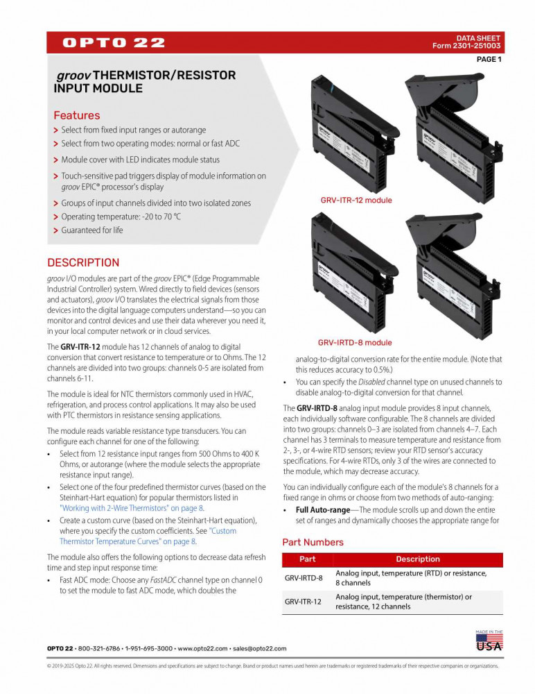 GRV-IRTD-8 product document, page 1