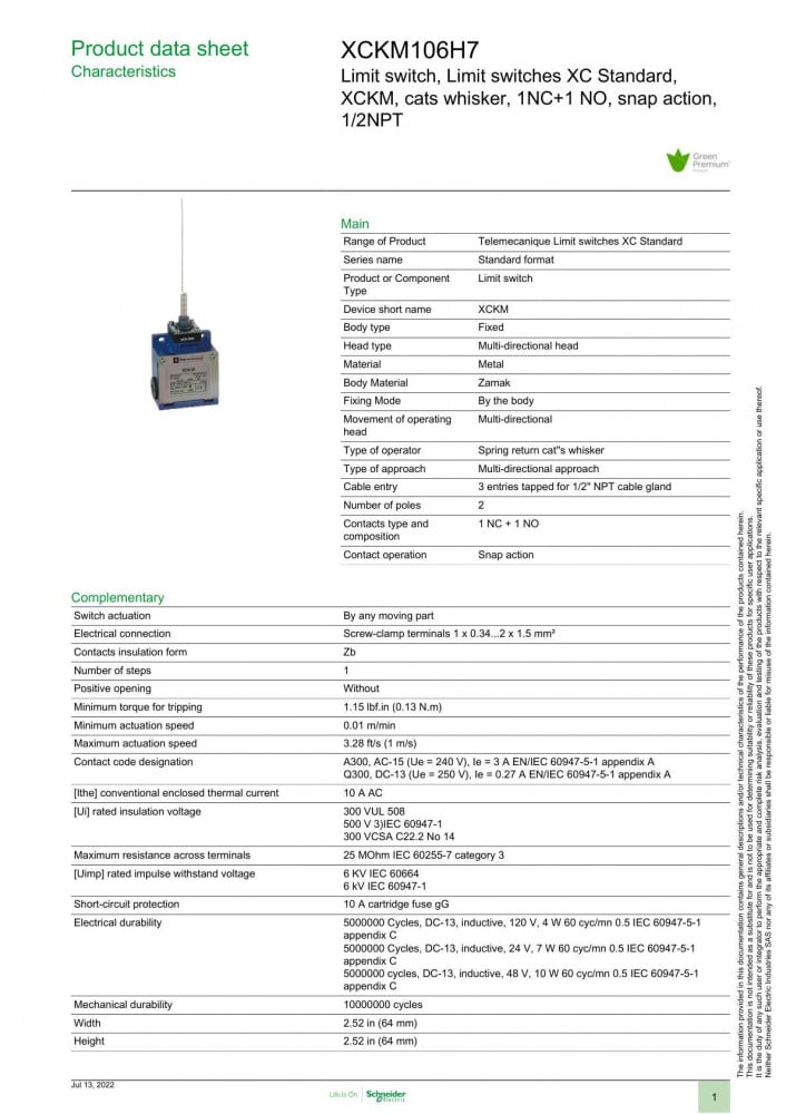 XCKM106H7 technical document page 1