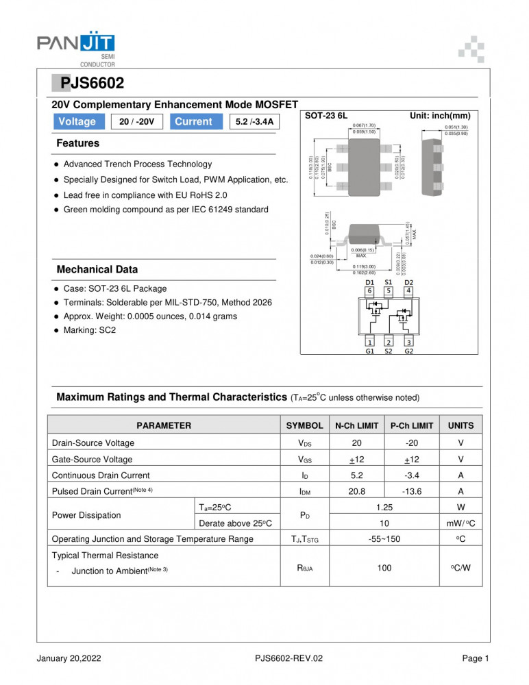 PJS6602 datasheet page 1