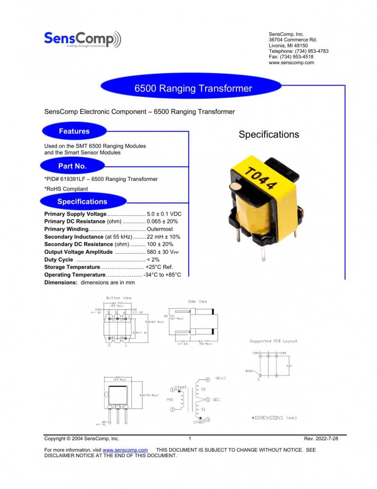 SensComp 619391LF specification sheet page 1