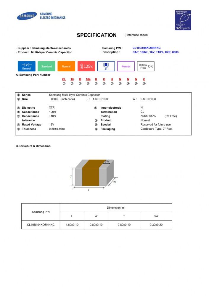 CL10B104KO8NNNC reference specification page 1