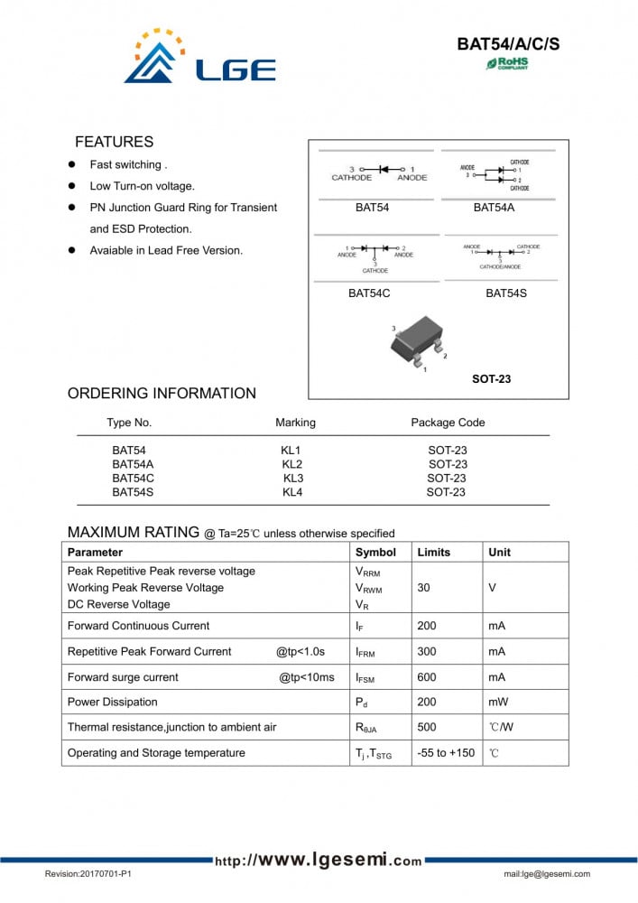 LGE BAT54 datasheet page 1