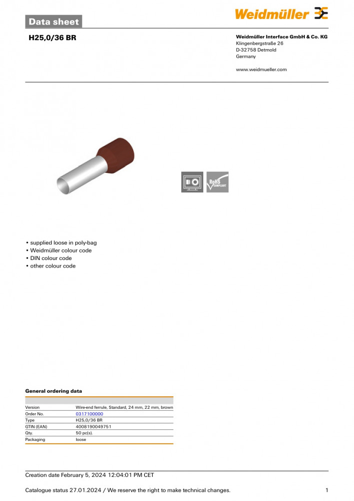 WEIDMULLER 0317100000 technical document page 1