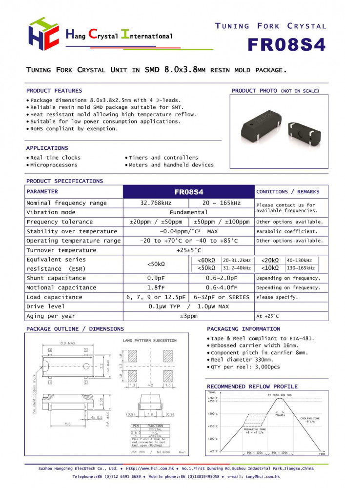 HCI FR08S4 tuning fork crystal unit technical document