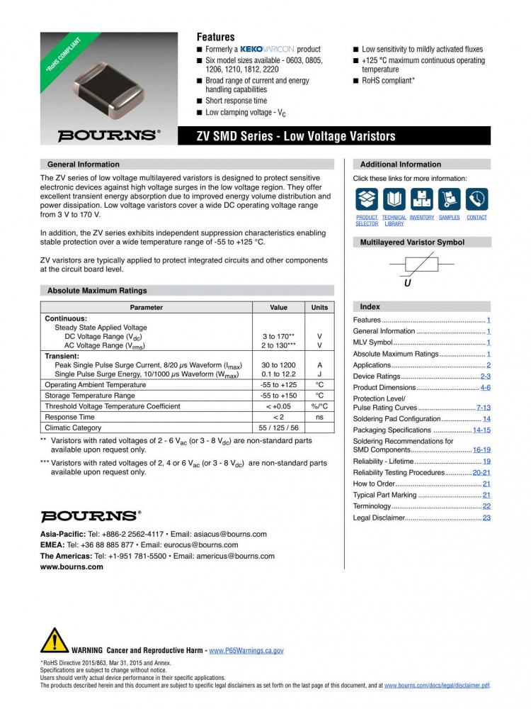BOURNS ZV series datasheet page 1