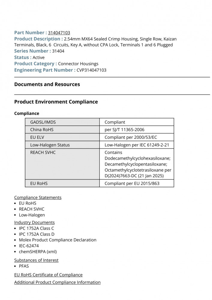 Technical document page image 1 for MOLEX 314047103