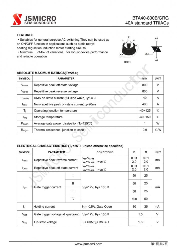 BTA40-800BRG-JSM datasheet page 1